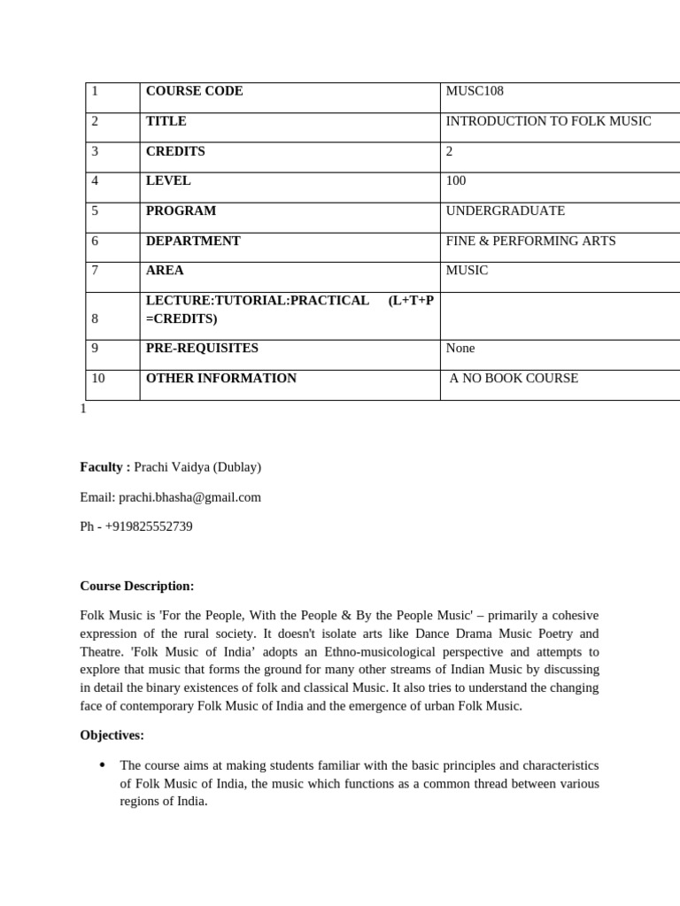 Flame Folk Music Course Outline | PDF | Folk Music | Methodology