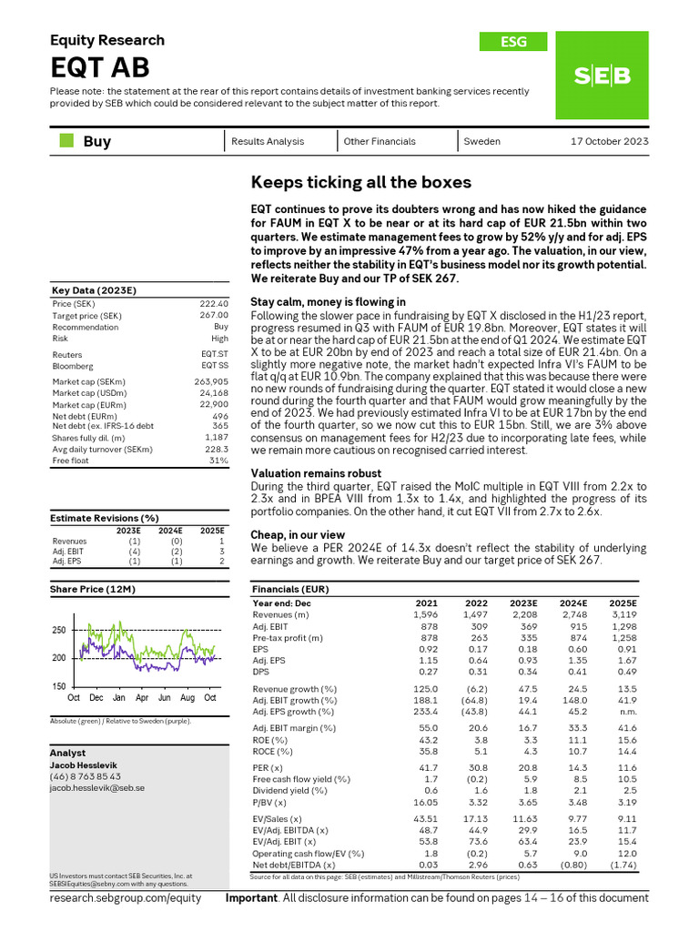 Seb Equity Research - Eqt - 2023-10-17 | PDF | Carried Interest ...