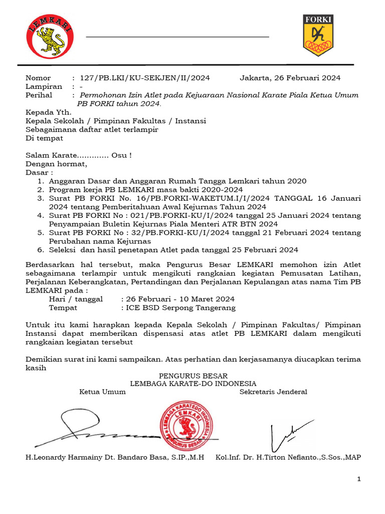 Surat No 127 PB LKI - Instansi - Surat Izin Atlet Untuk Kejurnas Piala Ketua Umum PB FORKI 2024 ...