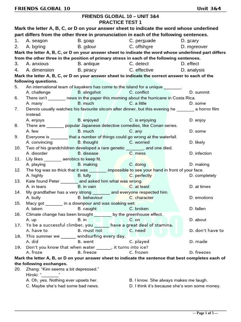 Tieng Anh 10 Friends Global - Unit 3&4 - Test 1 | PDF | Detective ...