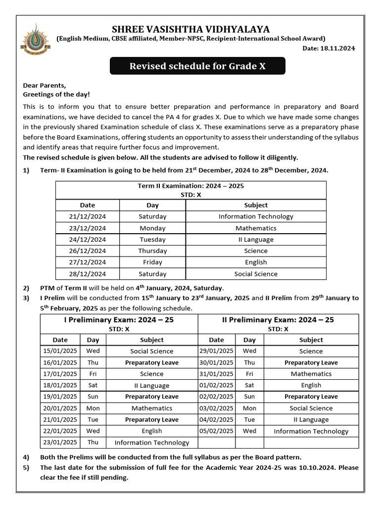 Revised Class 10 Exam Schedule 2024-25 | PDF | Schools