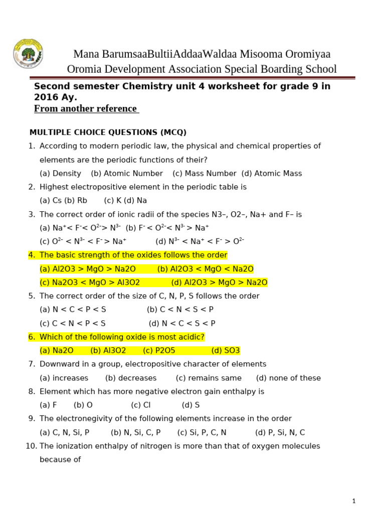 Grade 9 Chemistry Worksheet 2016 | PDF | Periodic Table | Ionic Bonding