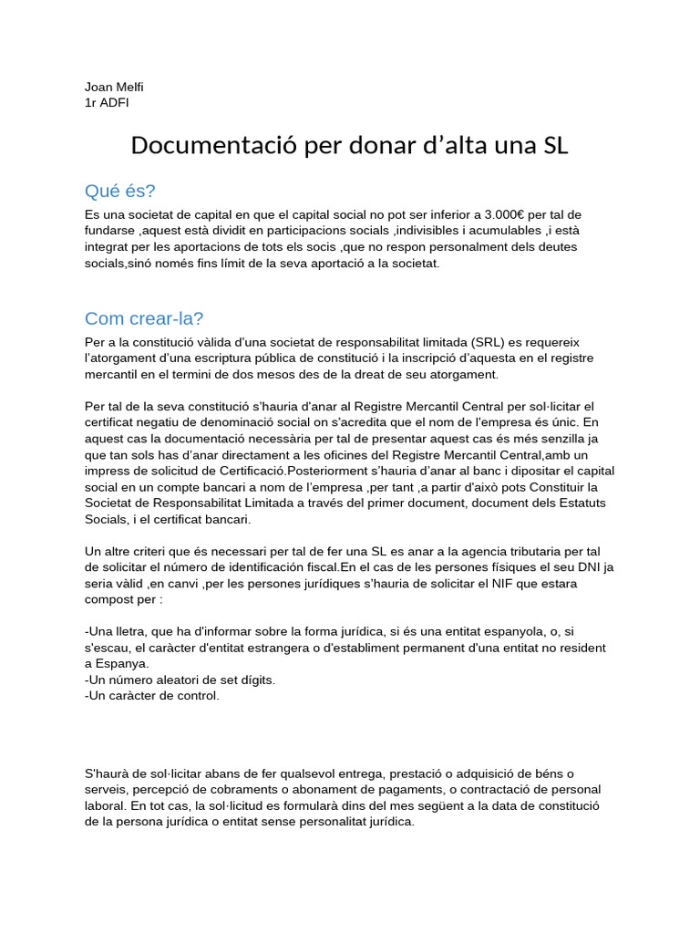 Documentació Per Donar D'alta Una SL DEFINITIUI | PDF