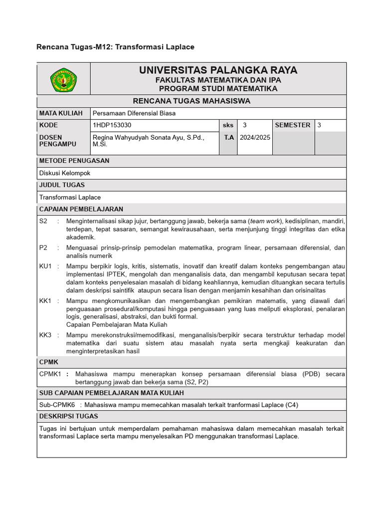 PDB - 2024-2025 - Ganjil - Rencana Tugas M12 | PDF | Metode & Bahan Ajar | Sains & Matematika