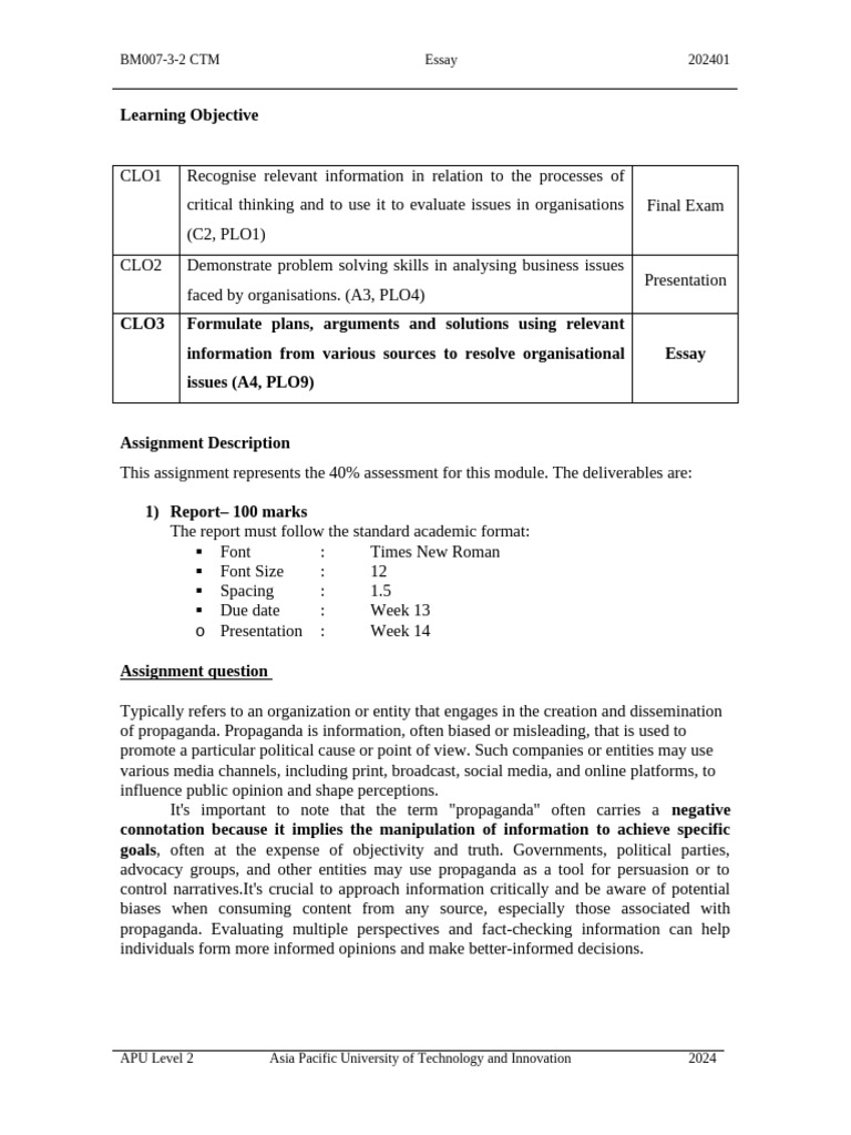 Assignment Essay CTM - 2305 | PDF | Propaganda | Critical Thinking