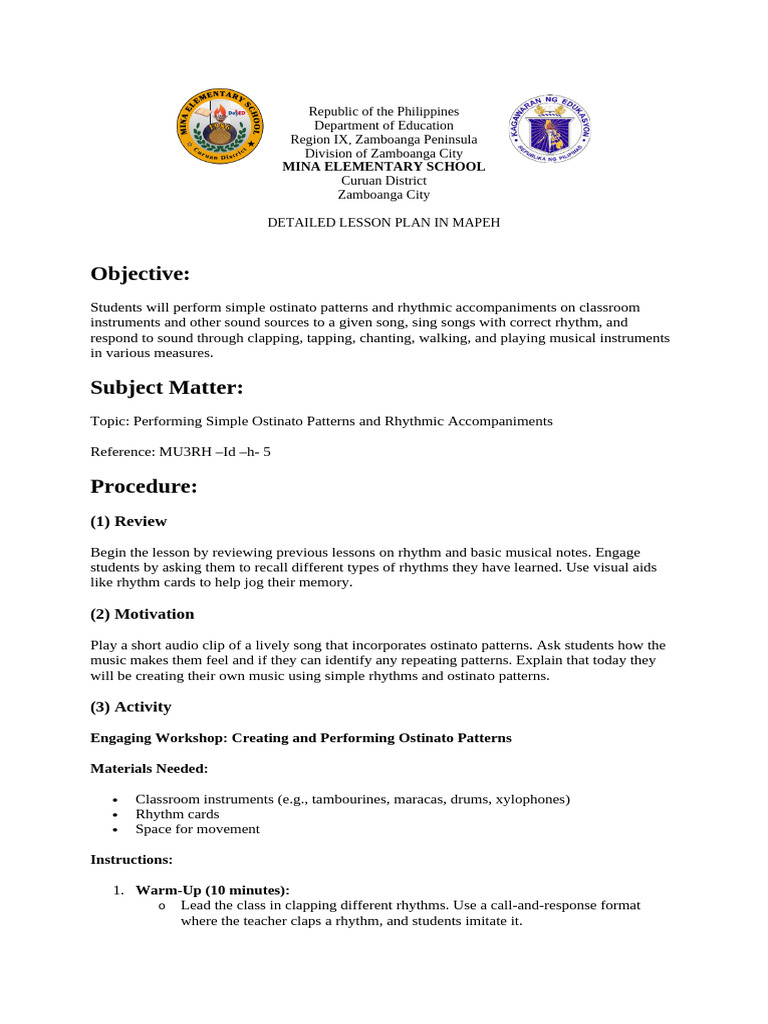 Lesson Plan Mapeh Week 7 Day1 | PDF | Rhythm | Lesson Plan