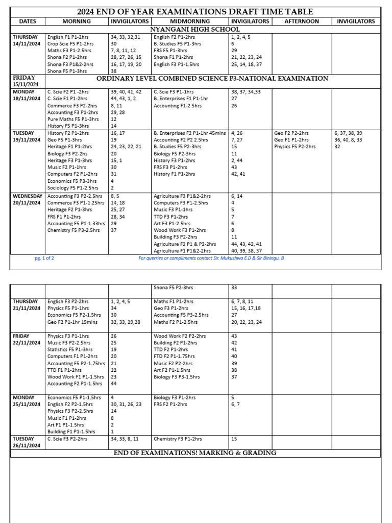 2024 End of Year Examinations Draft Time Table-With Invigilators-1 ...