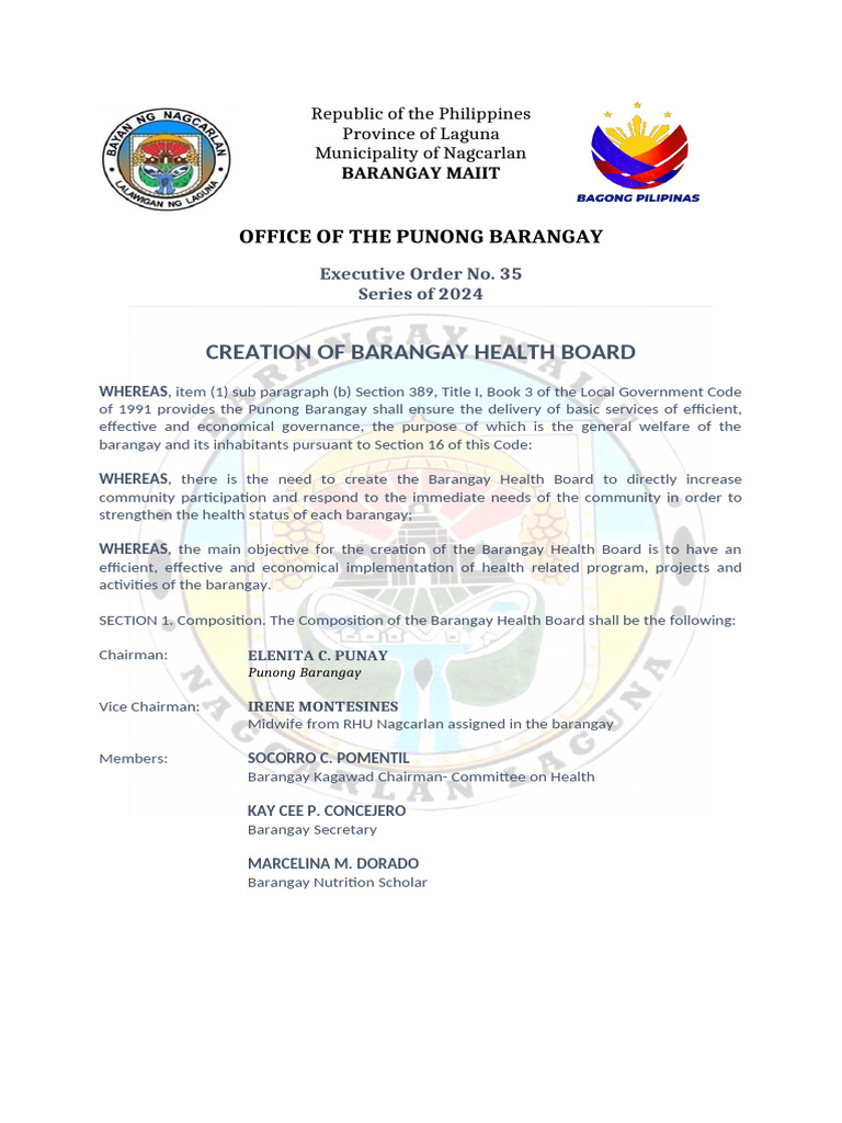 EO For Barangay Local Health Board Sample Template | PDF | Government
