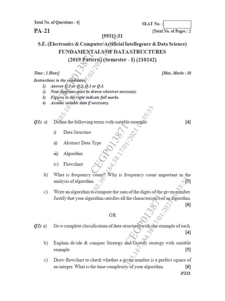 FDS Insem 2019 Pattern | PDF | Algorithms | Time Complexity