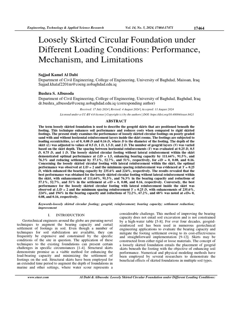 Loosely Skirted Circular Foundation Under Different Loading Conditions Performance, Mechanism ...