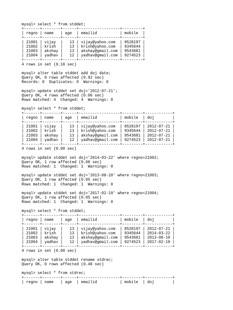 Mysql Queries Exercises (Updated On 09-Jun) | PDF | Workweek And Weekend | Sql