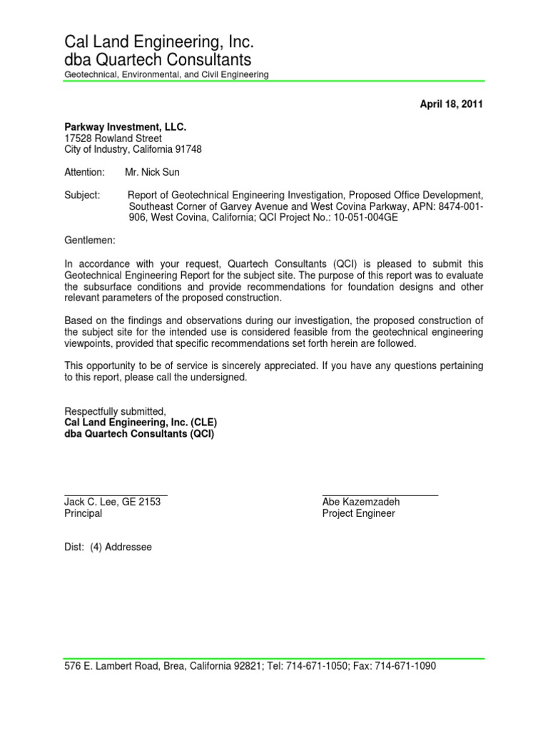 Cal Land Engineering, Inc. Dba Quartech Consultants: April 18, 2011 ...