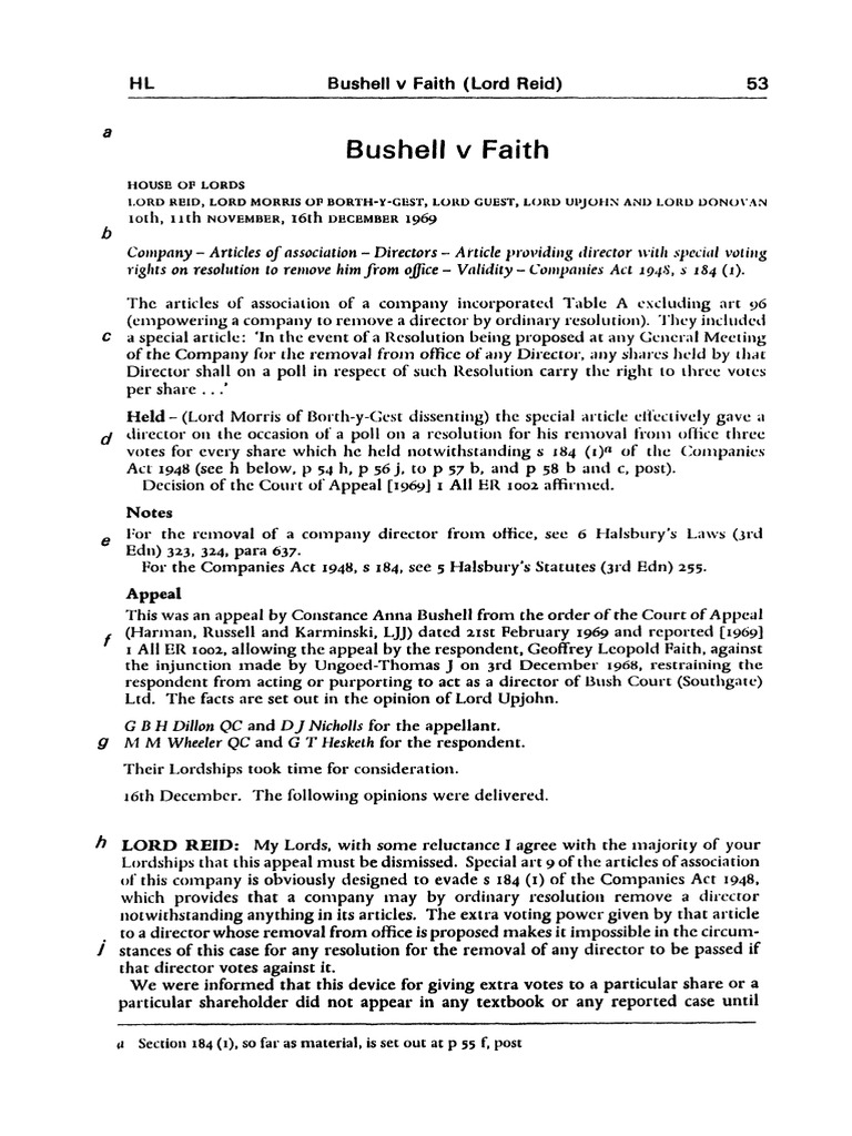 Bushell V Faith (1970) 1 All ER 53 | PDF