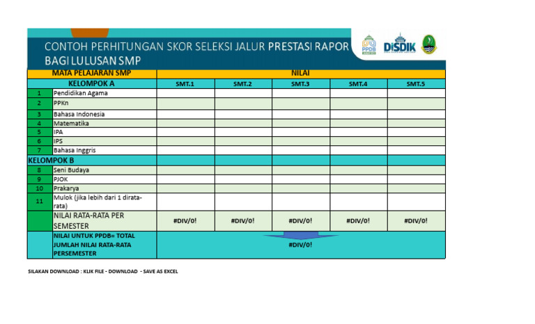 Format Hitung Skor Jalur Prestasi Rapor SMA-PPDB Jabar 2023.Xlsx - SMP | PDF