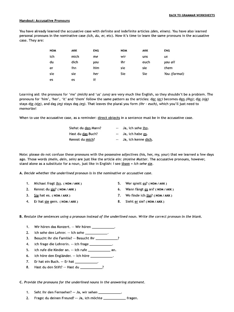 4.handout Accusative Pronouns | PDF