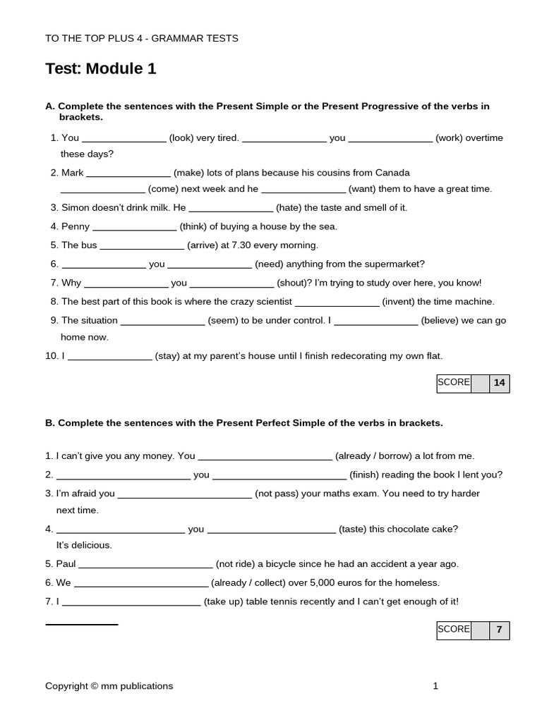 To The Top Plus 4 Grammar Test 1 | PDF