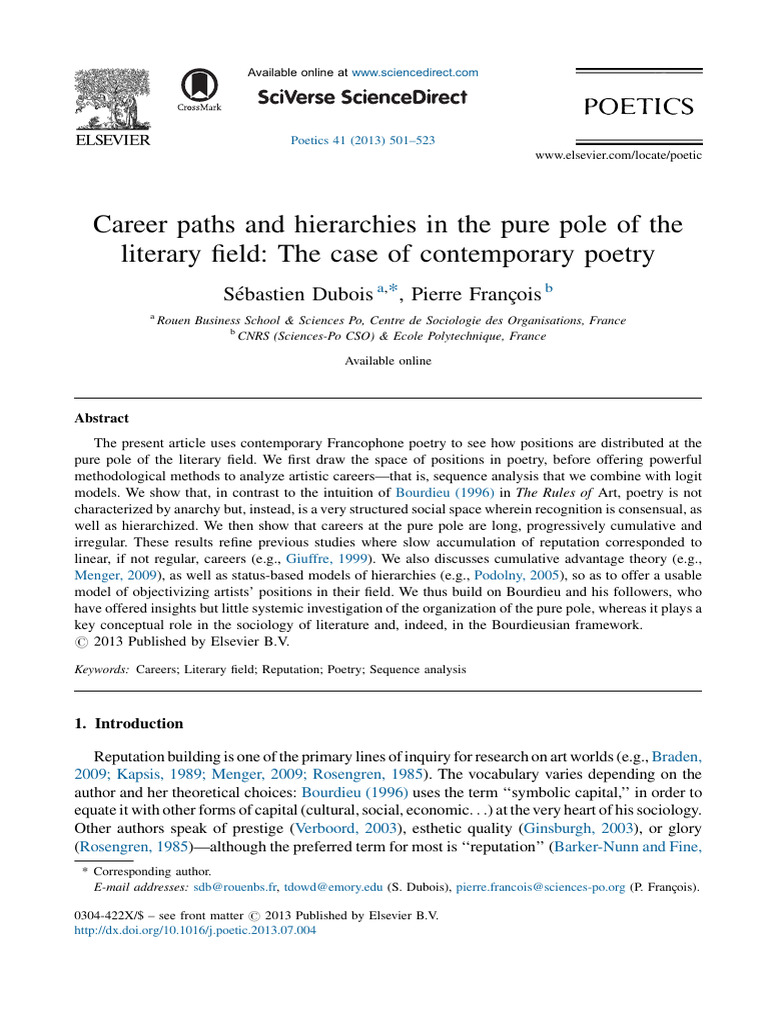 Career Paths and Hierarchies in The Pure Pole of The Literary Field ...
