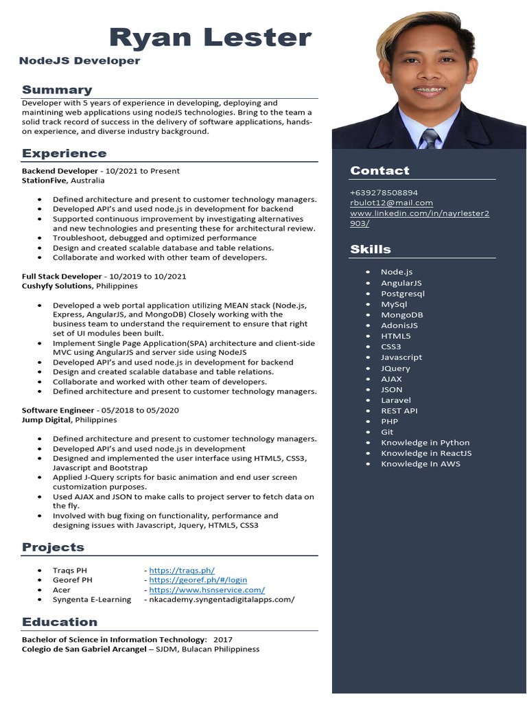 RyanLester_CV (1) | PDF | Angular Js | J Query