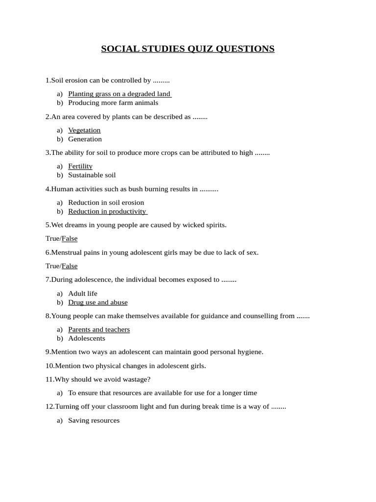 SOCIAL STUDIES QUIZ QUESTIONS | PDF
