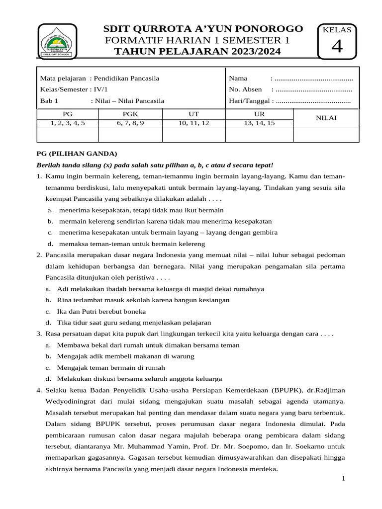 FH 1 Pendidikan Pancasila KELAS 4 SMT.1 | PDF | Karier & Perkembangan | Kajian Bahasa Asing