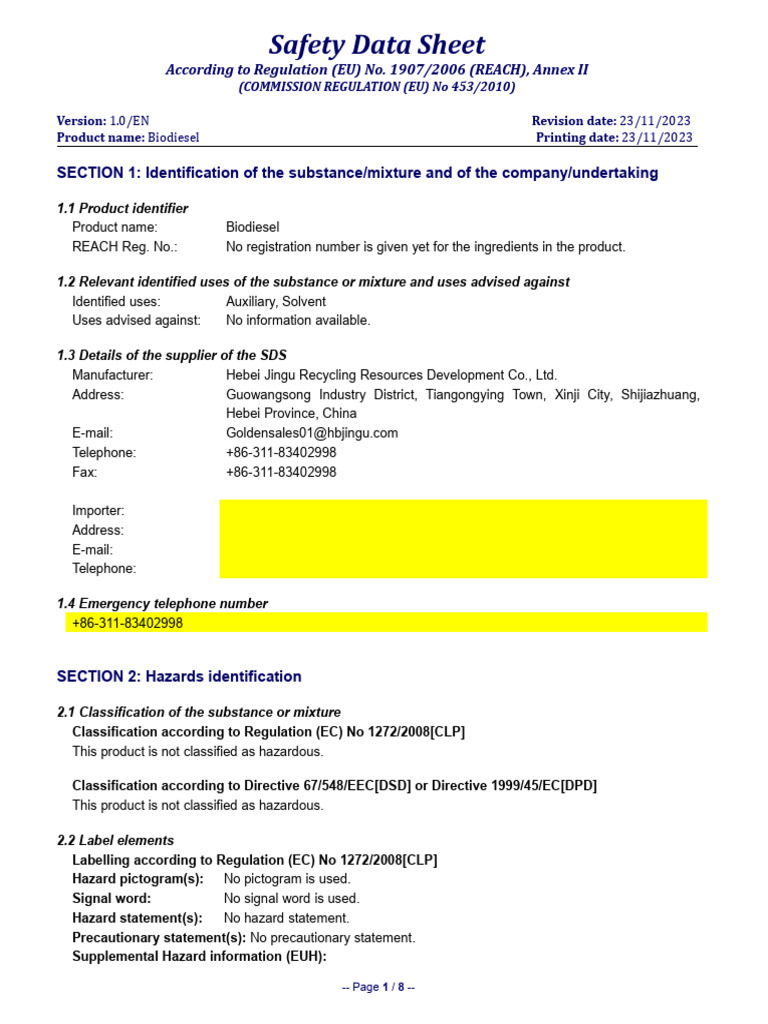 Biodiesel Safety Data Sheet | PDF | Firefighting | Personal Protective Equipment