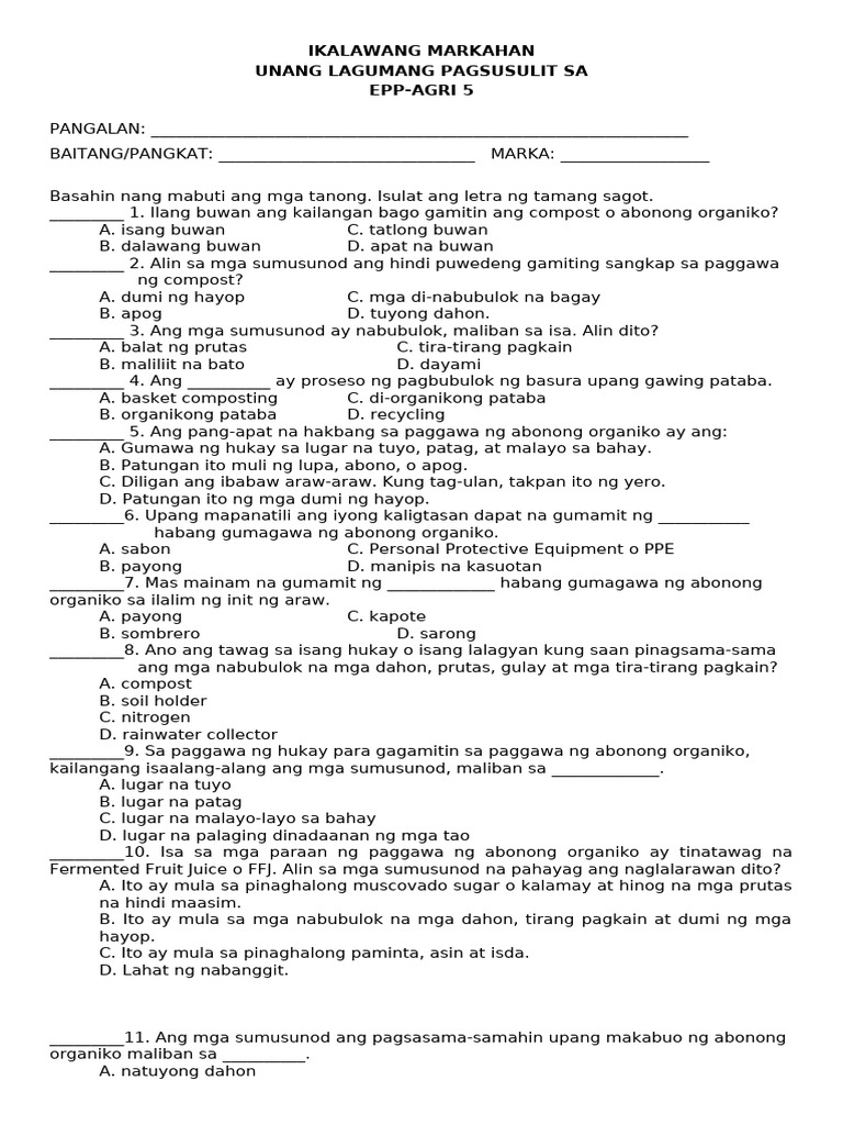 1st Summative Test in Epp-Agrikultura 5-q2 | PDF 1st Summative Test in Epp-Agrikultura 5-q2 | PDF