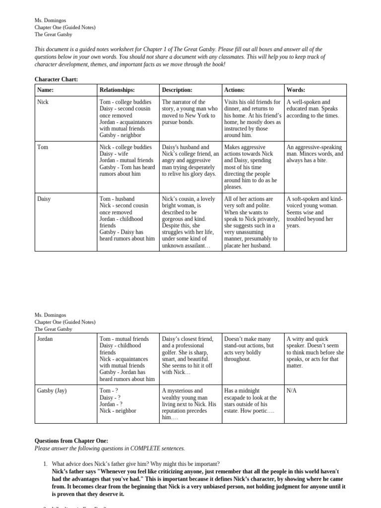 Caden K. Gatsby - Ch. 1 Guided Notes | PDF | The Great Gatsby