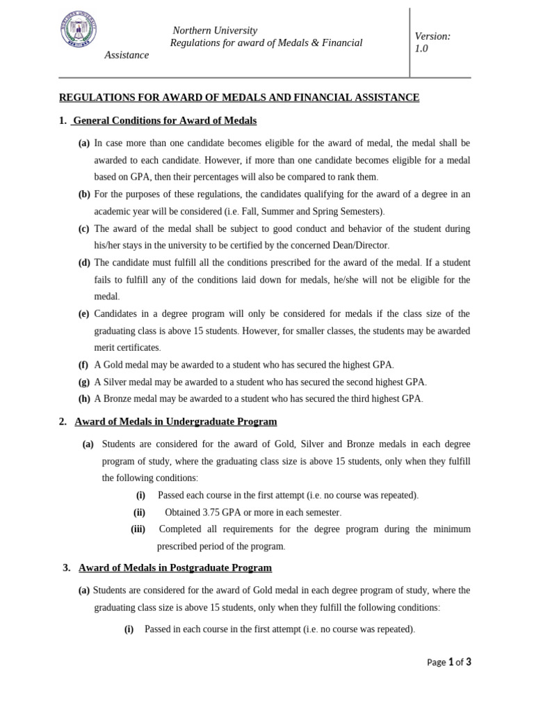 Gold Medal Award Criteria at Northern University | PDF | Academic ...