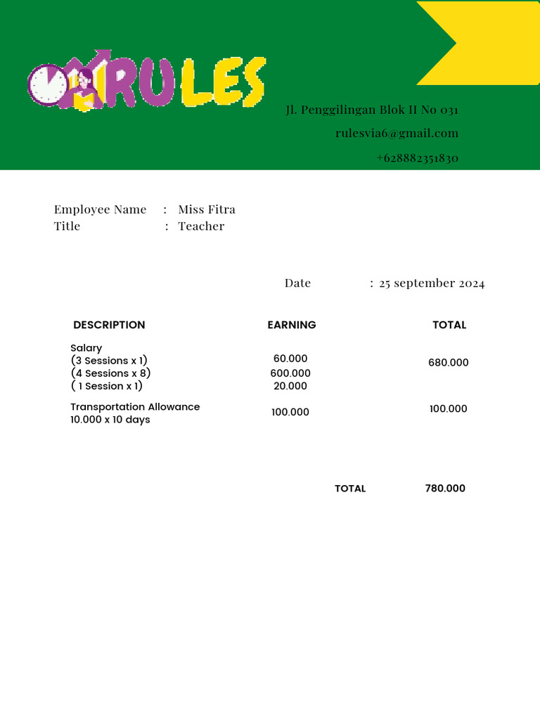 Green & Yellow Simple Salary Payment Invoice | PDF