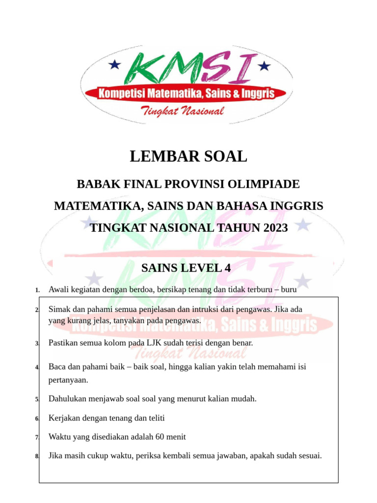 Soal Final Provinsi Kmsi Sains Level 4 | PDF