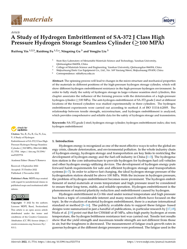 A Study of Hydrogen Embrittlement of SA-372 J Clas | PDF | Strength Of ...