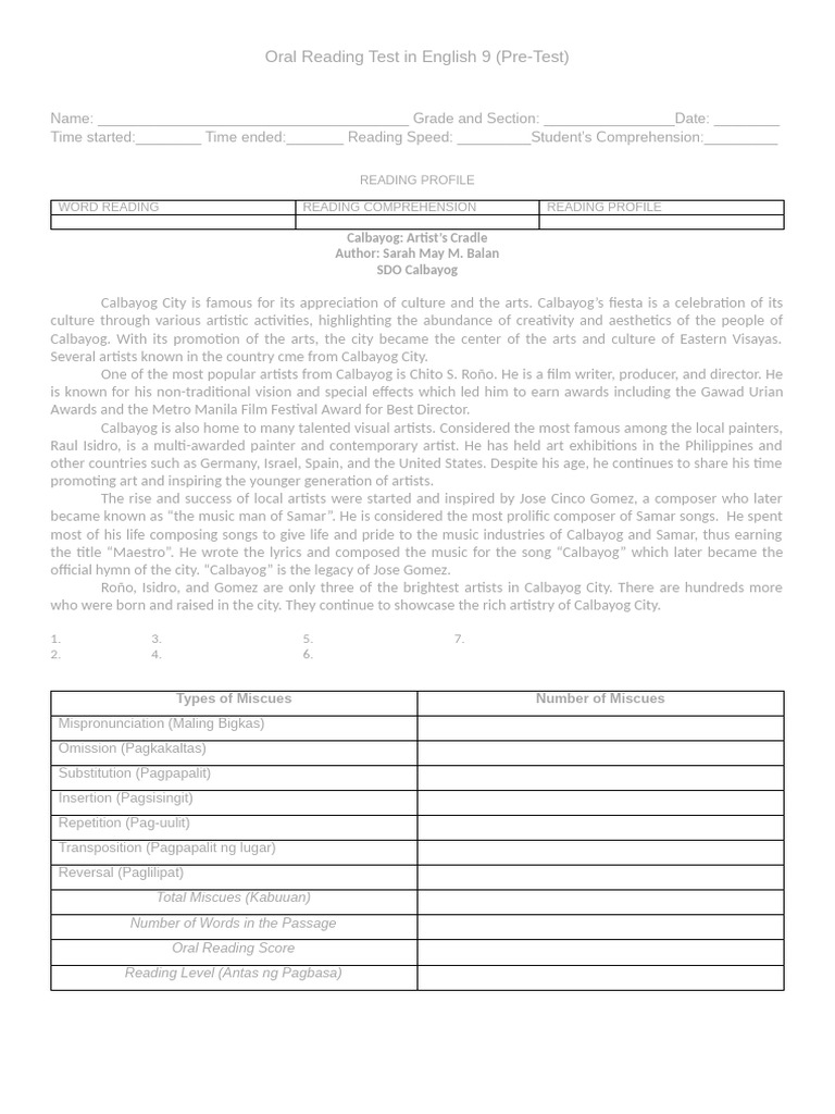 Oral Reading Test in English 9 NEW TEMPLATE1 | PDF | The Arts