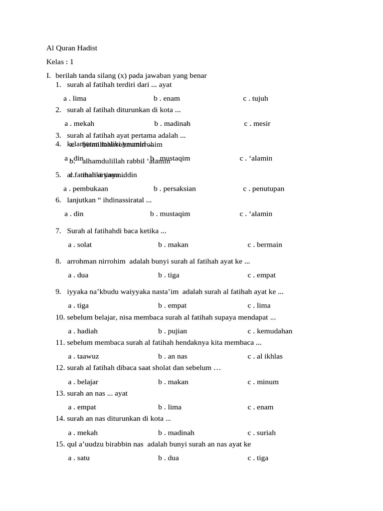 Soal PTS Kelas 1 Al Qur'an Hadist | PDF