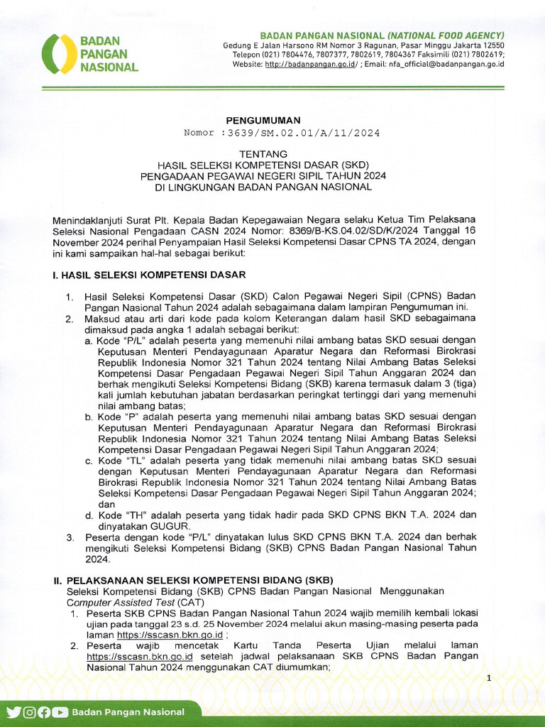 Pengumuman Hasil Seleksi SKD CPNS Badan Pangan Nasional Tahun 2024 | PDF