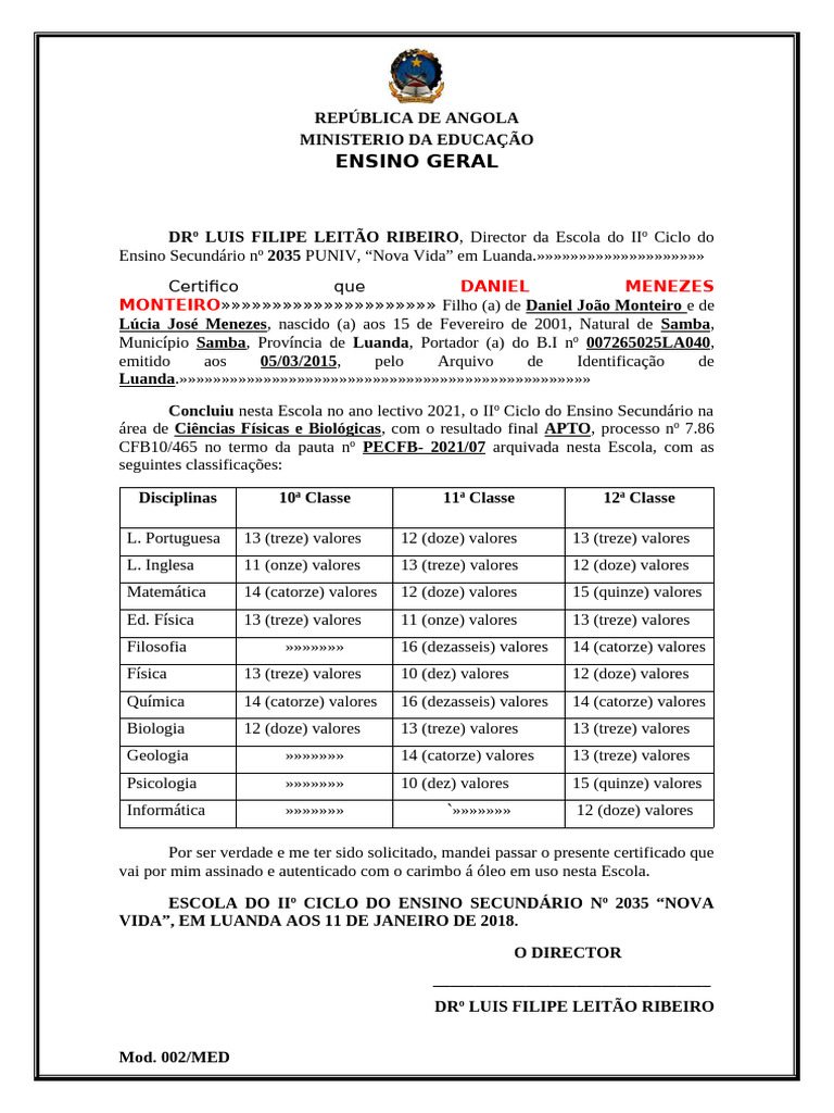 Certificado Daniel | PDF | Ensino médio