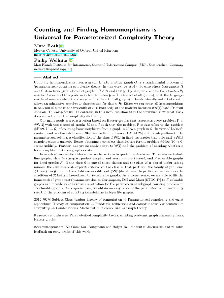 Counting and Finding Homomorphisms Is Universal For Parameterized Complexity Theory | PDF ...