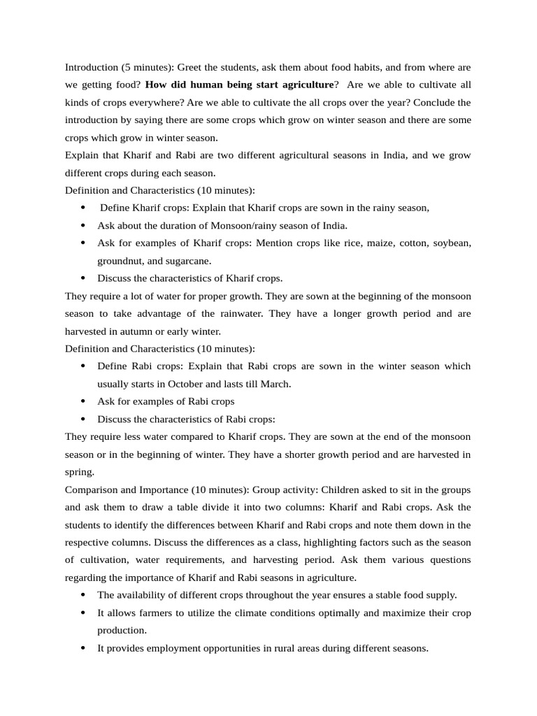 Lesson Note On Kharif and Rabi Crops | PDF | Crops | Agriculture