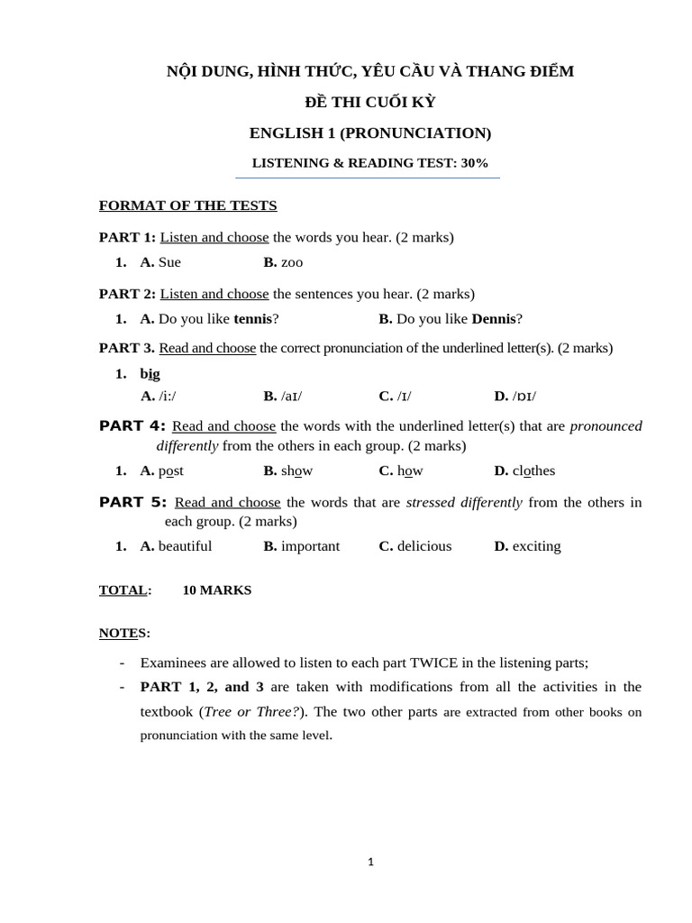 Speaking Test English 1 Pronunciation | PDF | Linguistics