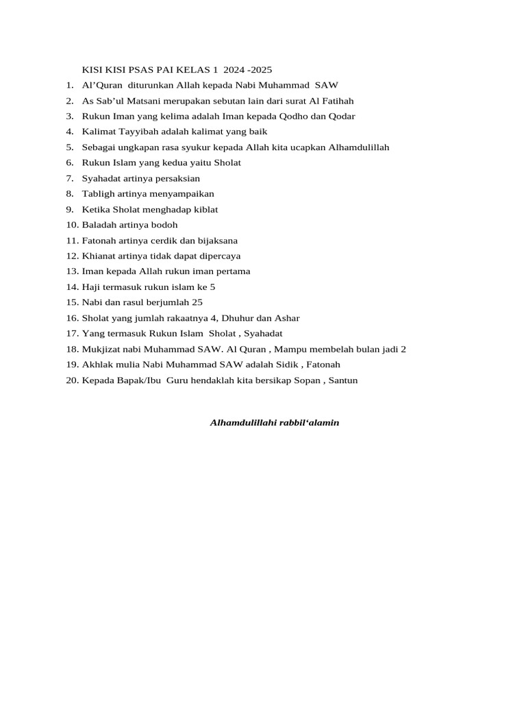 Kisi Kisi Psas Pai Kelas 1 Semester 1 2024 - 2025 | PDF