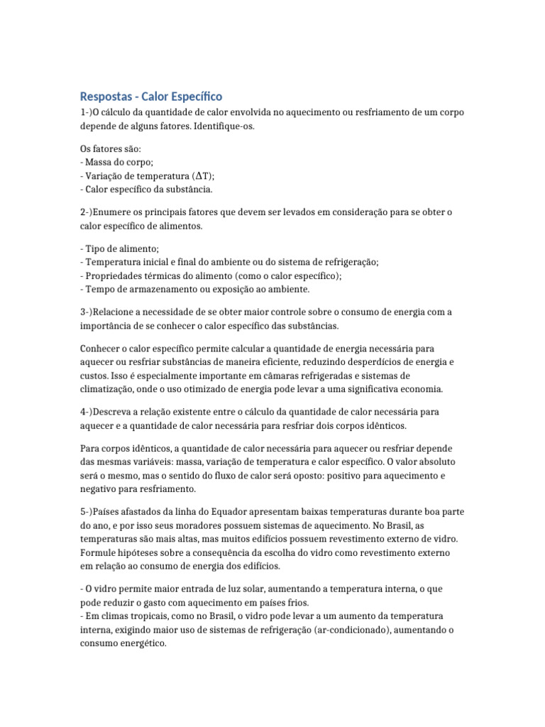 Fatores do Calor Específico e Consumo Energético | PDF