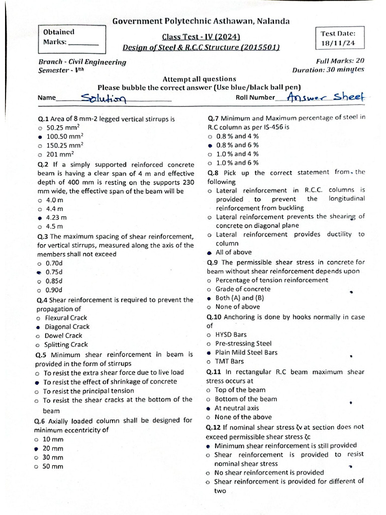 Dos & RCC Class Test - IV Answer Sheet | PDF