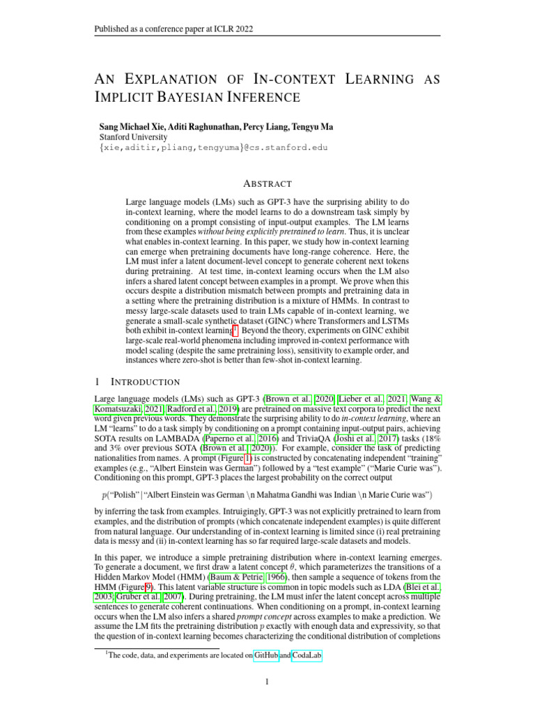 An Explanation of In-Context Learning As Implicit Bayesian Inference | PDF | Statistical ...