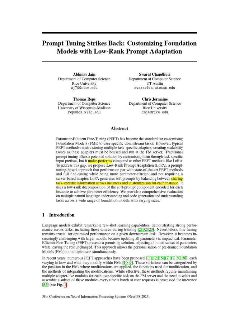 (NeurIPS 2024) Prompt Tuning Strikes Back Customizing Foundation Models With Low-Rank Prompt ...