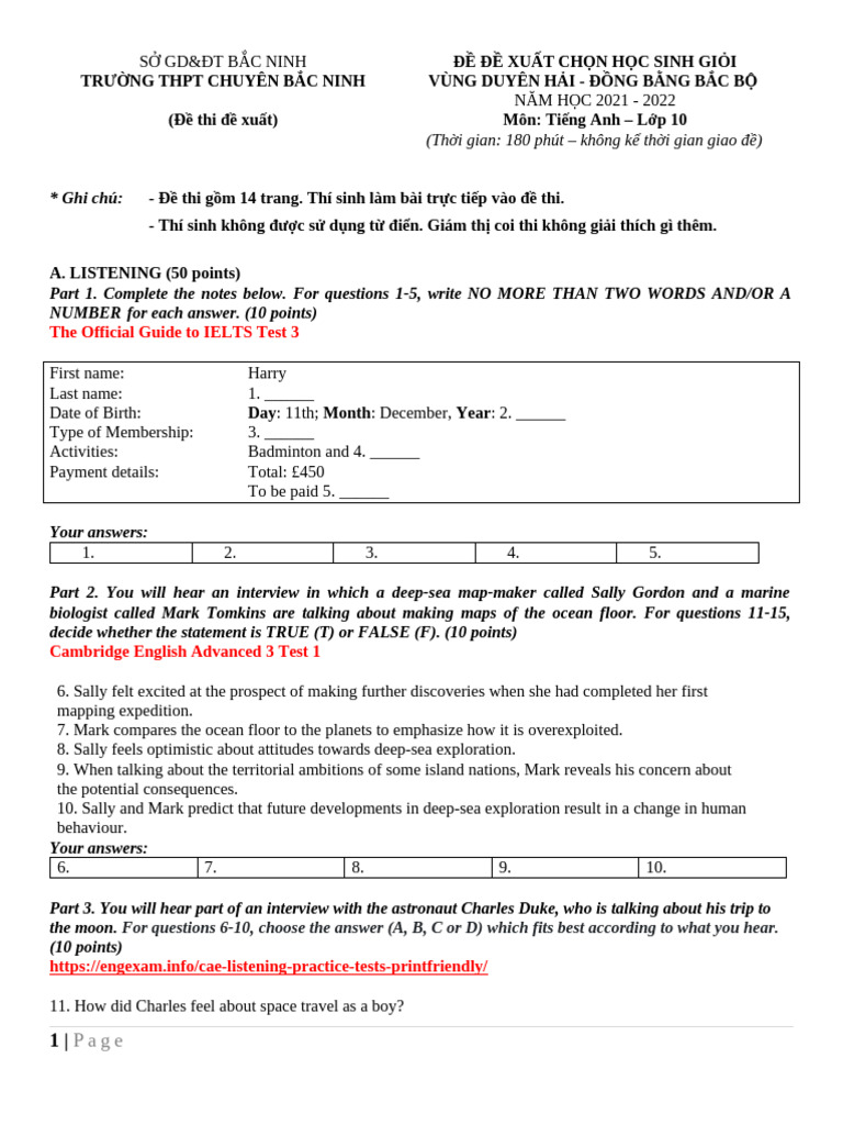 De de Xuat DHBB 2122 - Anh10 - Chuyen Bac Ninh | PDF | Intelligence Quotient | Moon