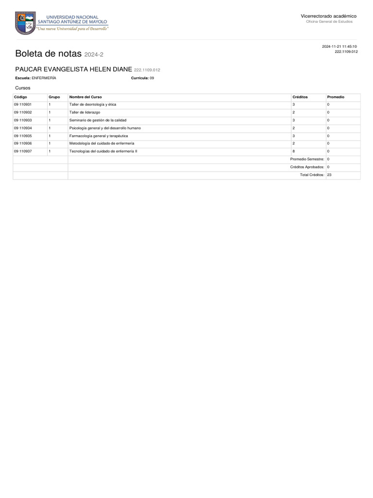 Boleta de Notas - 222.1109.012 - 2024-2 | PDF