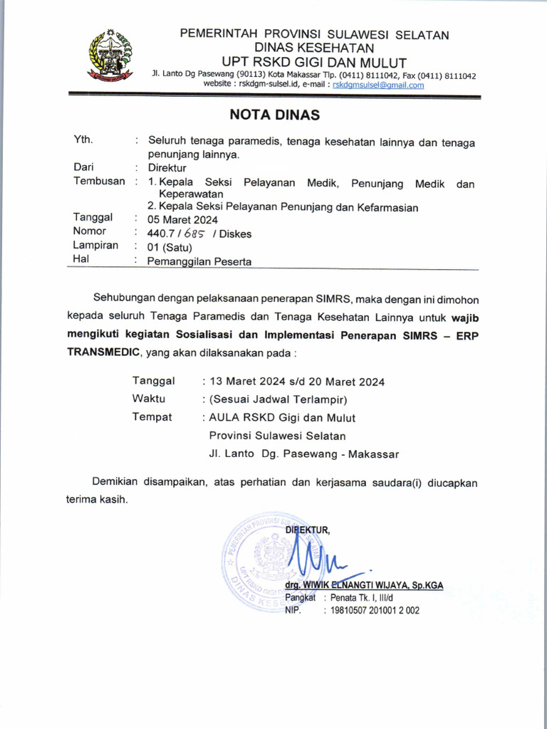 NOTA DINAS - Sosialisasi Dan Implementasi Penerapan SIMRS - ERP ...