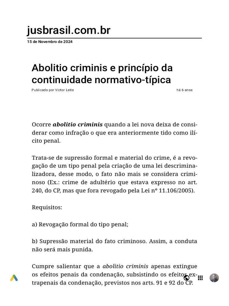 Abolitio Criminis e Princípio Da Continuidade Normativo-Típica ...