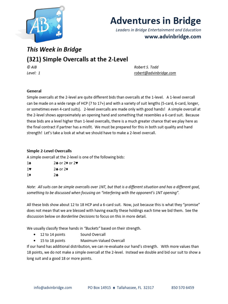Simple Overcalls at The 2-Level | PDF | Contract Bridge | Playing Cards