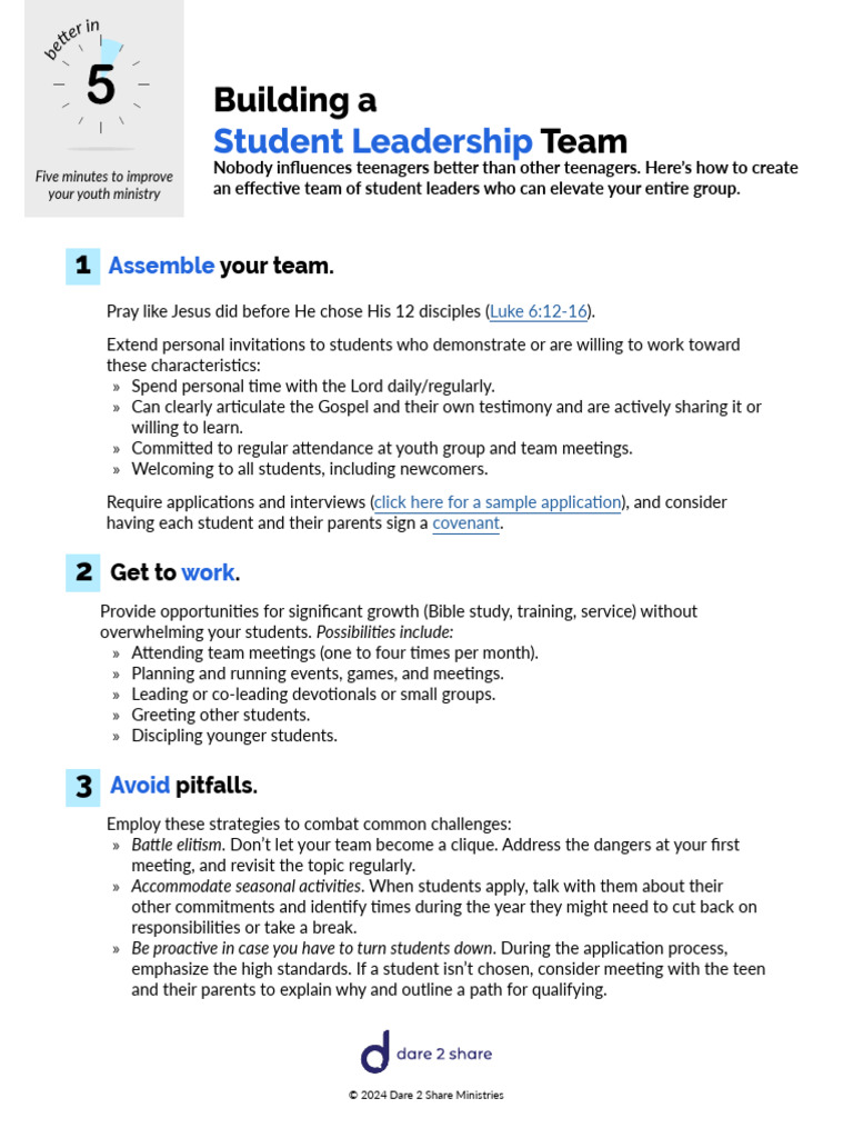 Better in 5 - Building A Student Leadership Team - Tip Sheet | PDF ...