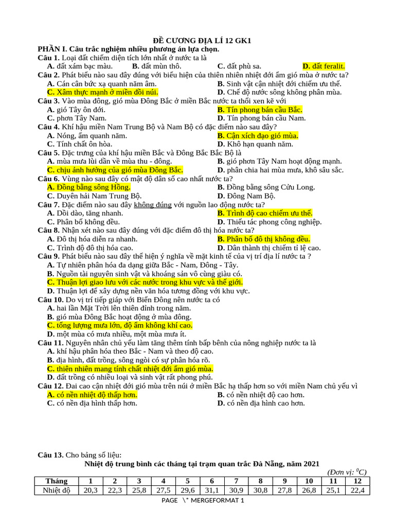 ĐỀ CƯƠNG ĐỊA LÍ 12 GK1 | PDF